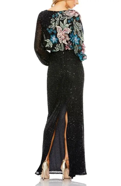 Mac Duggal High Neck Floral Sequin Gown - Black Multi