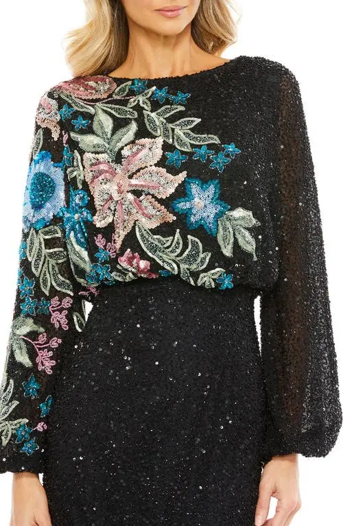 Mac Duggal High Neck Floral Sequin Gown - Black Multi