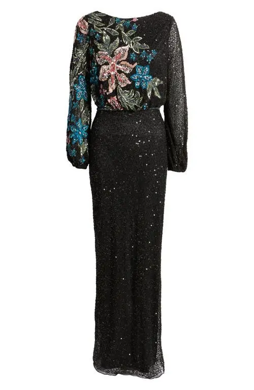 Mac Duggal High Neck Floral Sequin Gown - Black Multi