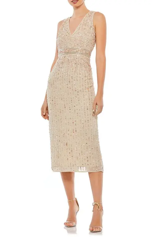 Mac Duggal Sleeveless V-neck Sequined Midi Sheath Dress - Beige
