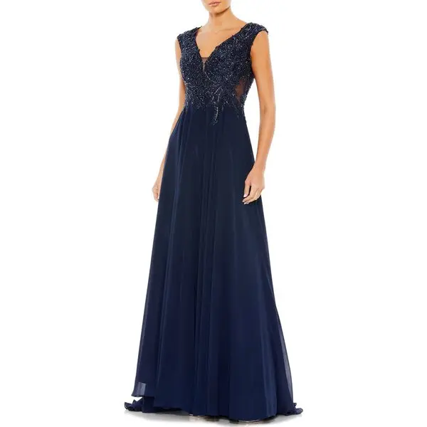 Mac Duggal Floral Appliqué Cap Sleeve Gown - Navy