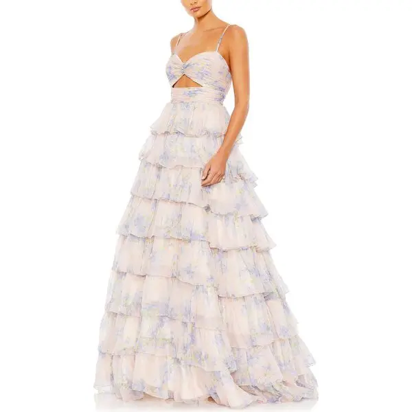 Mac Duggal Floral Cut Out Ruffle Layered Gown - Violet Multi