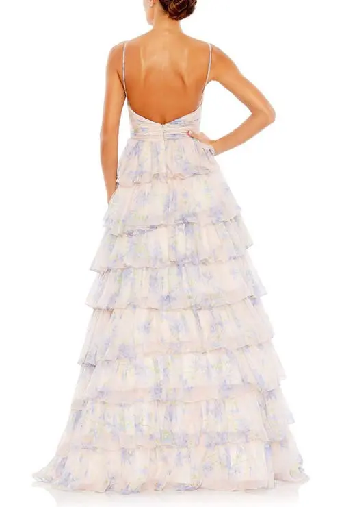 Mac Duggal Floral Cut Out Ruffle Layered Gown - Violet Multi