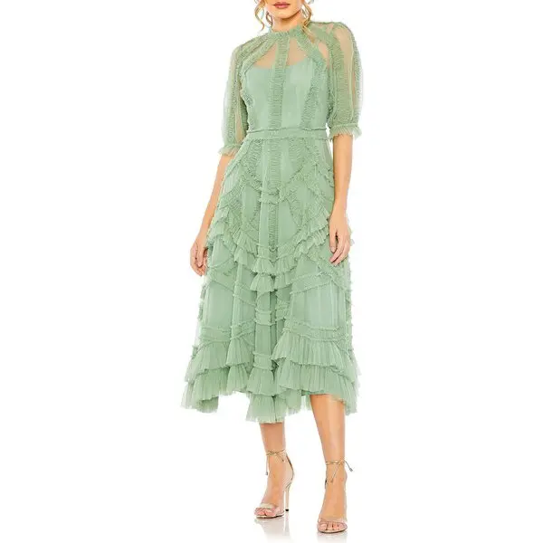 Mac Duggal High Neck Puff Sleeve Ruffle Tiered Dress - Jade