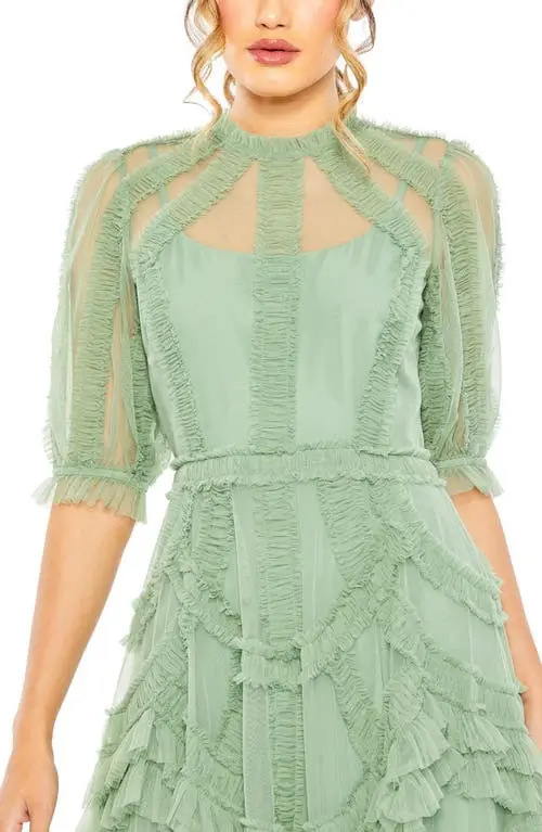 Mac Duggal High Neck Puff Sleeve Ruffle Tiered Dress - Jade