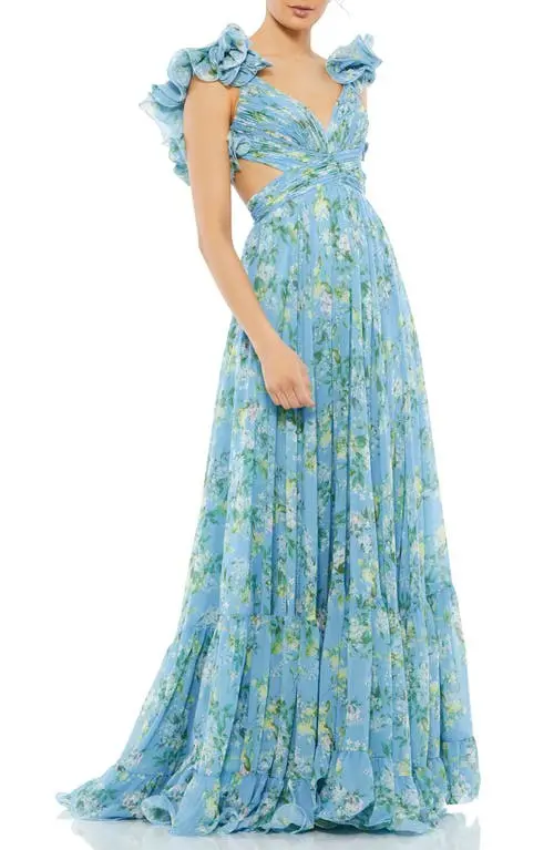Mac Duggal Ruffle Tiered Floral Cut-out Chiffon Gown - Blue Multi