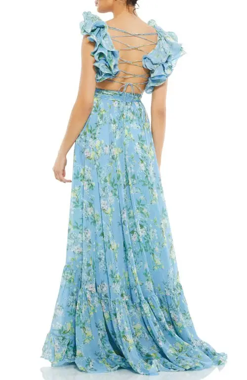 Mac Duggal Ruffle Tiered Floral Cut-out Chiffon Gown - Blue Multi
