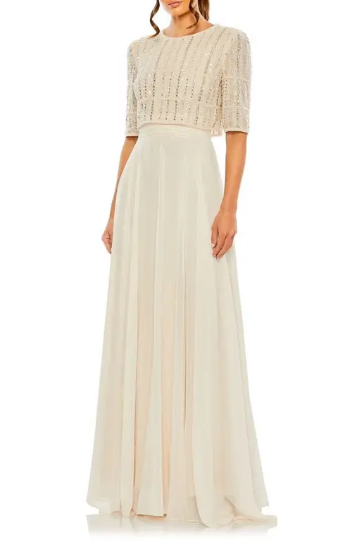 Mac Duggal Beaded 3/4 Sleeve Chiffon Gown - Champagne