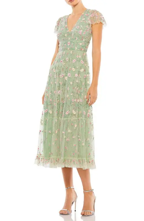 Mac Duggal Embroidered V-neck Midi Dress - Sage