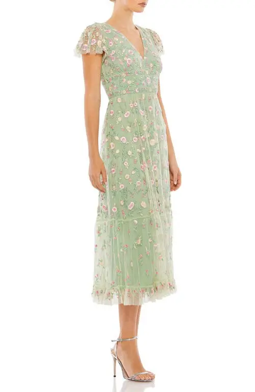 Mac Duggal Embroidered V-neck Midi Dress - Sage