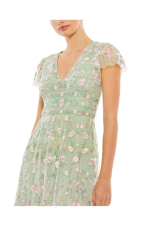 Mac Duggal Embroidered V-neck Midi Dress - Sage