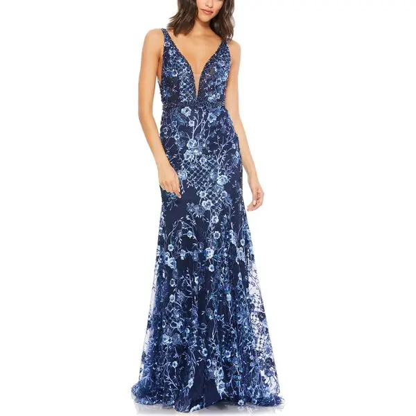Mac Duggal Floral Embellished Plunge Neck Gown - Twilight