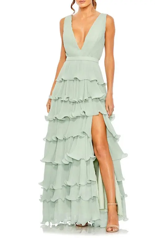 Mac Duggal Sleeveless Ruffle Tiered Gown - Sage