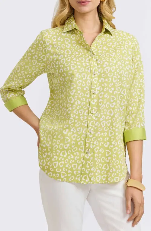 Foxcroft Margie Leopard Print Three-quarter Sleeve Cotton Shirt - Chartreuse Multi