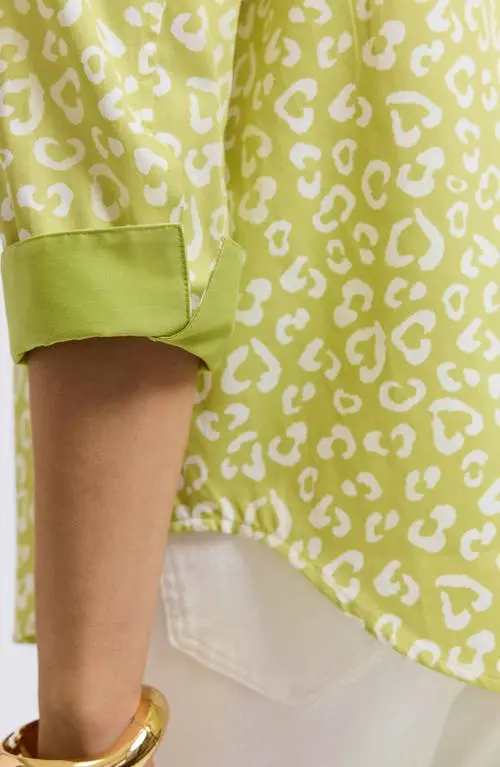 Foxcroft Margie Leopard Print Three-quarter Sleeve Cotton Shirt - Chartreuse Multi