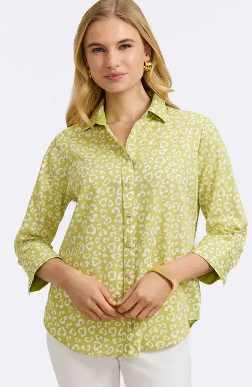 Foxcroft Margie Leopard Print Three-quarter Sleeve Cotton Shirt - Chartreuse Multi