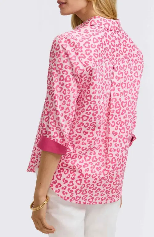 Foxcroft Margie Leopard Print Three-quarter Sleeve Cotton Shirt