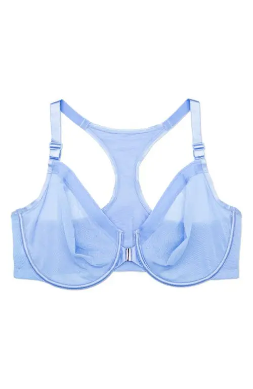 CURVY COUTURE Sheer Mesh Front Clasp Racerback Underwire Bra - Denim Blue