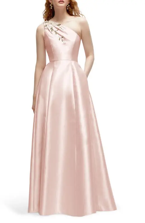 Alfred Sung Floral Appliqué One-shoulder Gown - Blush