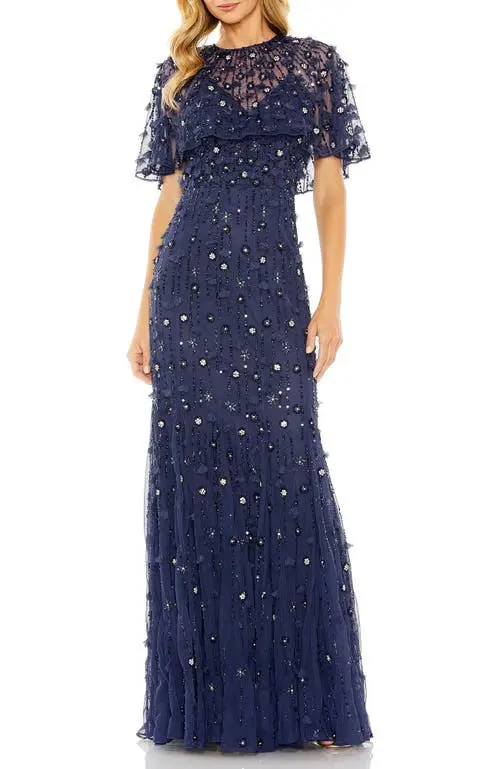 Mac Duggal Embellished Illusion Cape Sleeve Trumpet Gown - Midnight