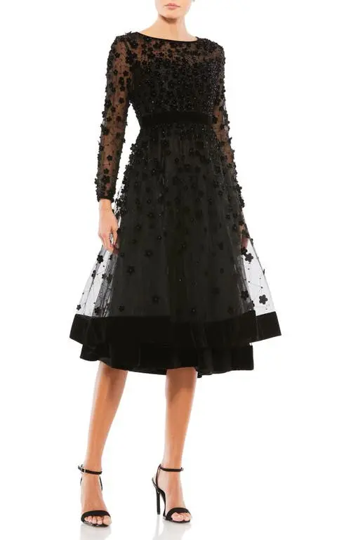 Mac Duggal Embellished Illusion High Neck Fit & Flare Tea-length Cocktail Dress - Black