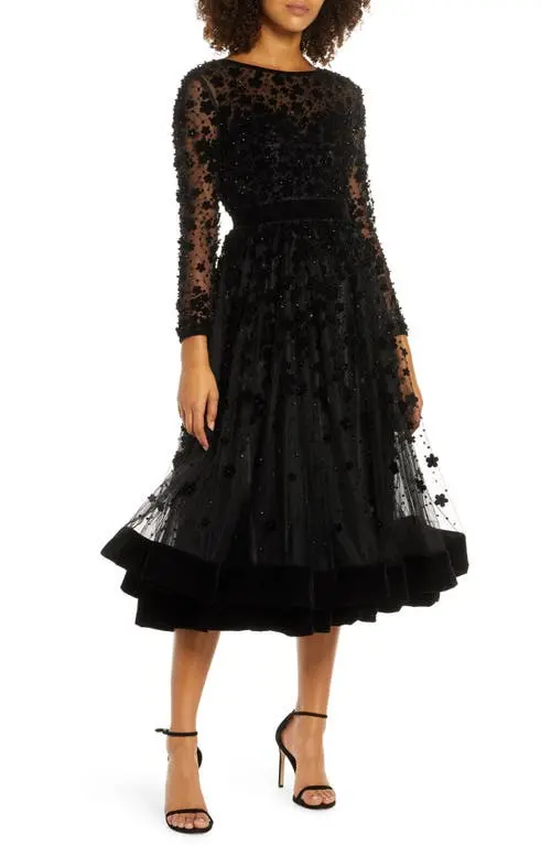 Mac Duggal Embellished Illusion High Neck Fit & Flare Tea-length Cocktail Dress - Black