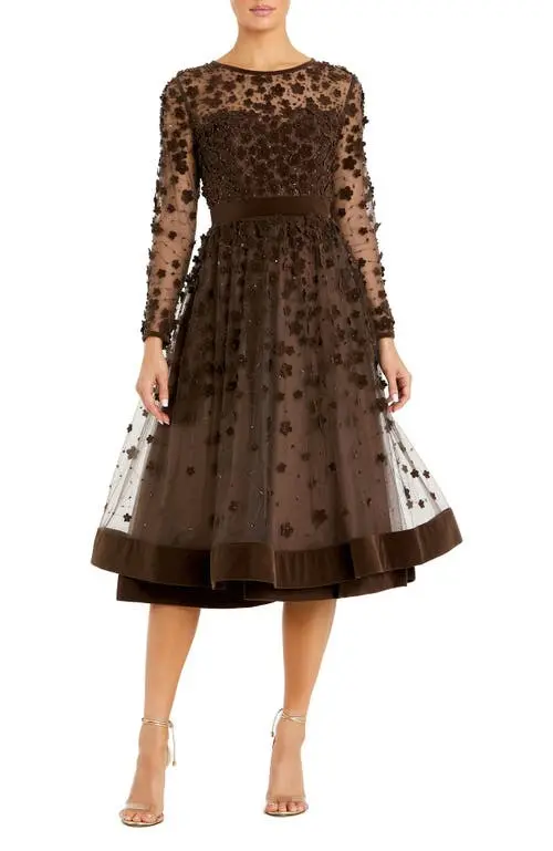 Mac Duggal Embellished Illusion High Neck Fit & Flare Tea-length Cocktail Dress - Coffee