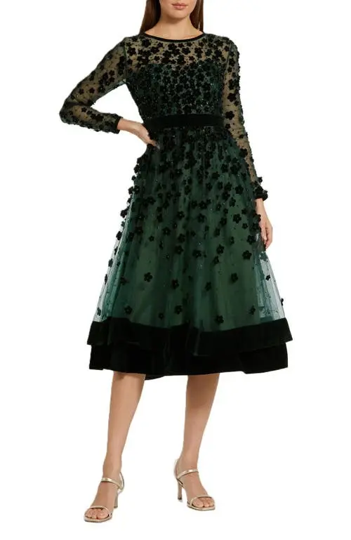 Mac Duggal Embellished Illusion High Neck Fit & Flare Tea-length Cocktail Dress - Emerald