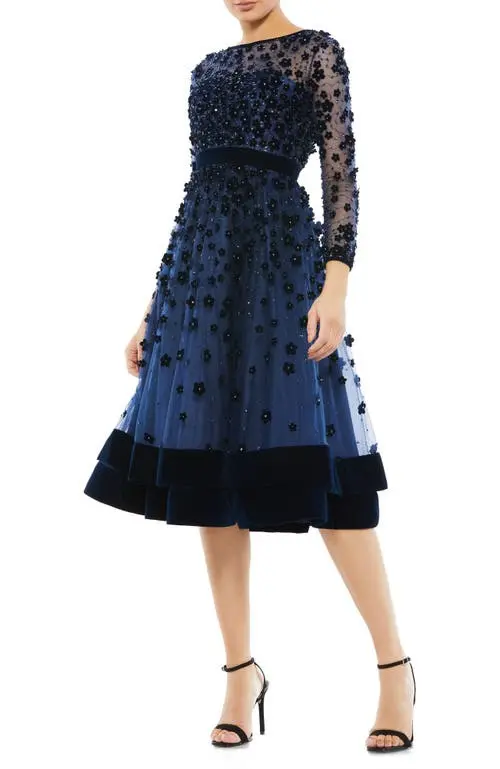 Mac Duggal Embellished Illusion High Neck Fit & Flare Tea-length Cocktail Dress - Midnight