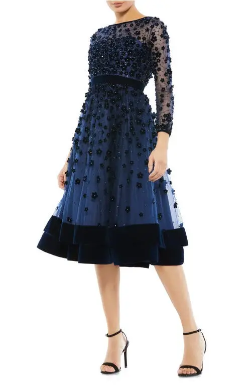 Mac Duggal Embellished Illusion High Neck Fit & Flare Tea-length Cocktail Dress - Midnight