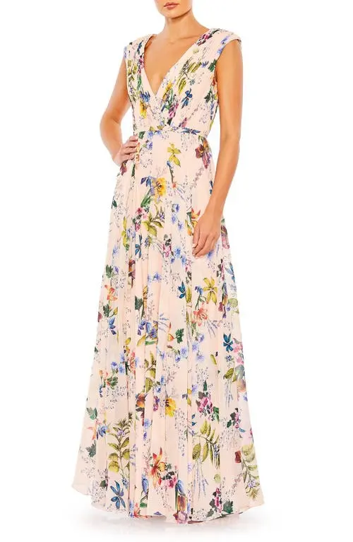 Mac Duggal Pleated Floral A-line Gown - Pink Multi