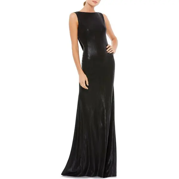 Mac Duggal Metallic Column Gown With Cowl Back And Ruffle Detail - Black