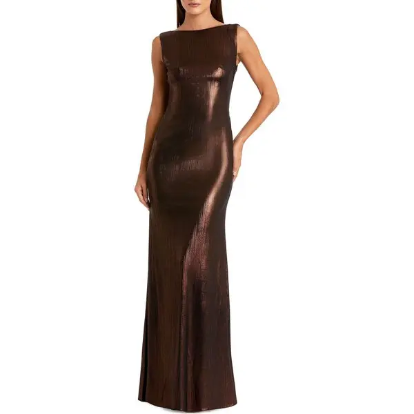 Mac Duggal Metallic Column Gown With Cowl Back And Ruffle Detail - Espresso