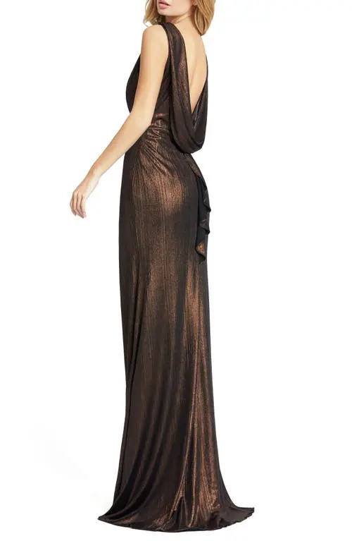Mac Duggal Metallic Column Gown With Cowl Back And Ruffle Detail - Espresso