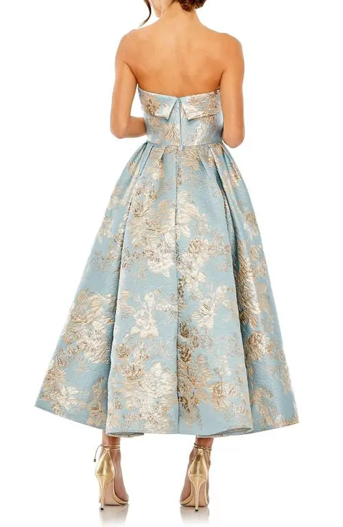 Mac Duggal Strapless Floral Brocade Midi Dress With Pockets - Blue Multi