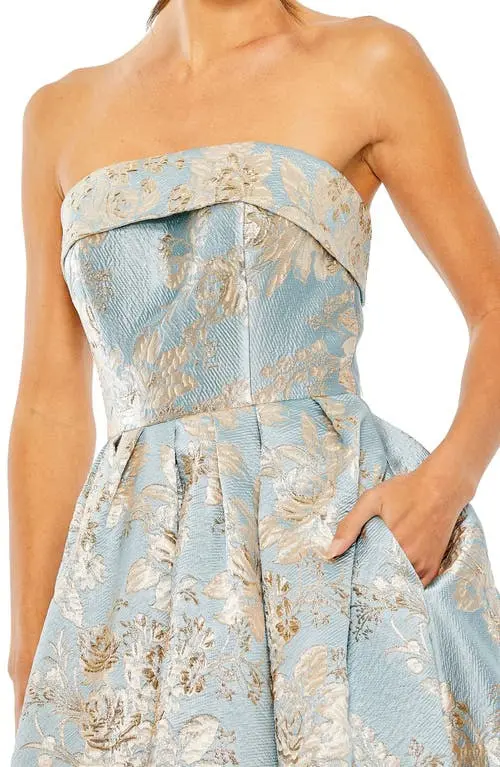 Mac Duggal Strapless Floral Brocade Midi Dress With Pockets - Blue Multi