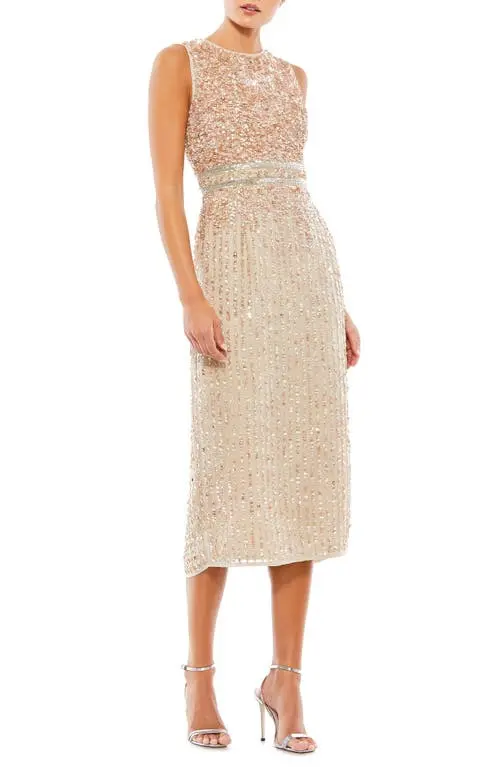 Mac Duggal Sleeveless High Neck Beaded Midi Sheath Dress - Beige