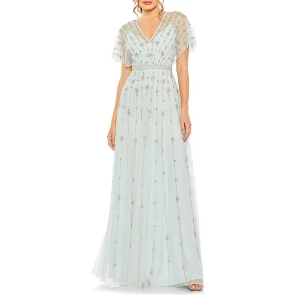 Mac Duggal V-neck Embellished A-line Gown - Mist