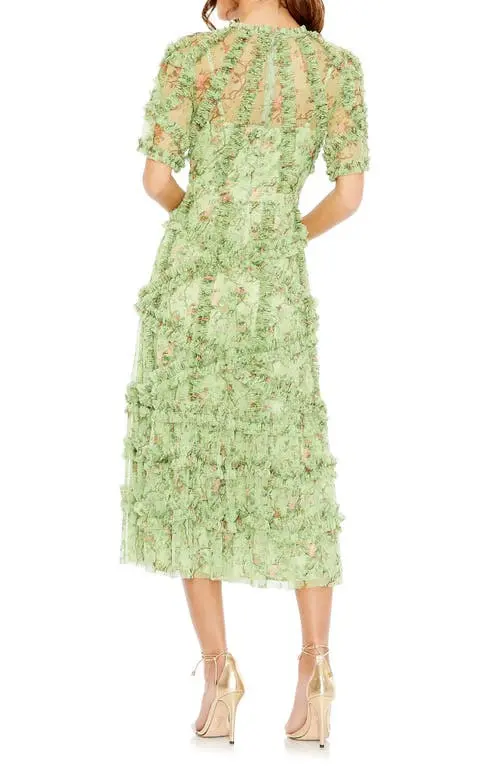Mac Duggal Floral Flutter Sleeve Mesh Print Dress - Sage Multi