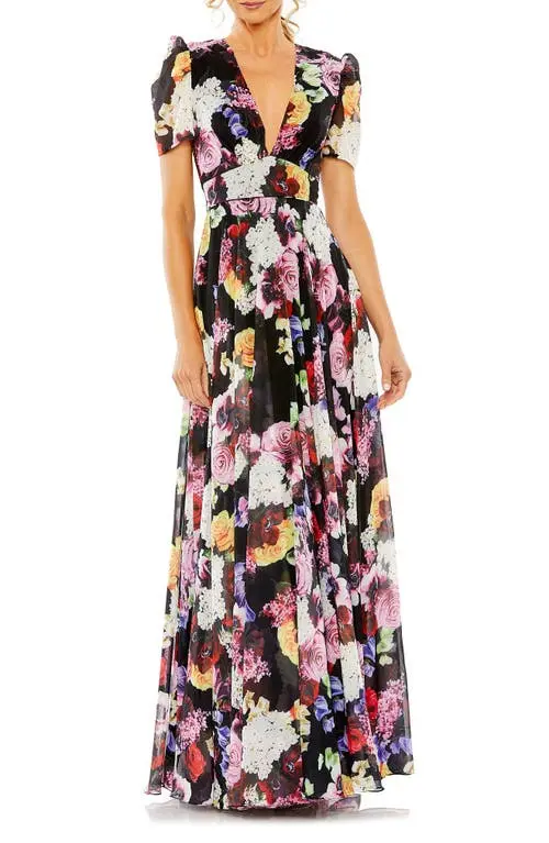 Mac Duggal Floral Print Mesh Gown
