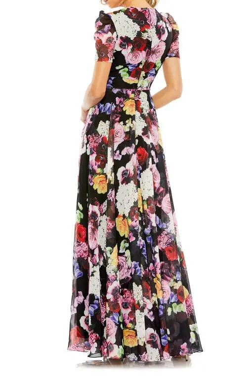 Mac Duggal Floral Print Mesh Gown
