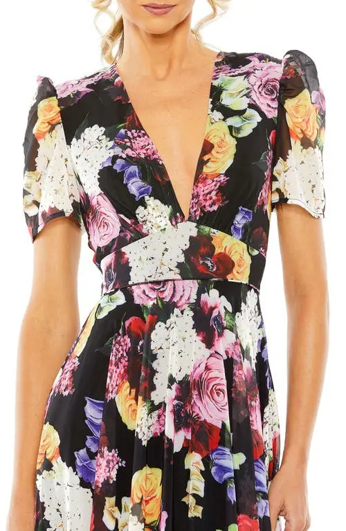 Mac Duggal Floral Print Mesh Gown