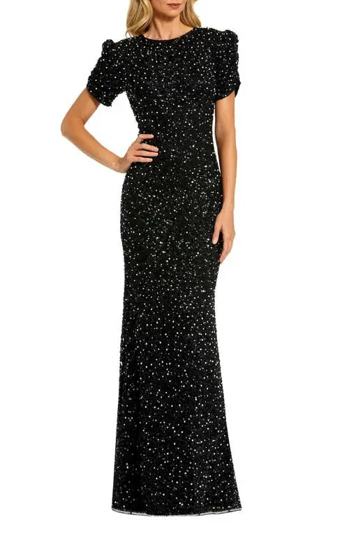 Mac Duggal Embellished Mesh High Neck Puff Sleeve Gown - Black