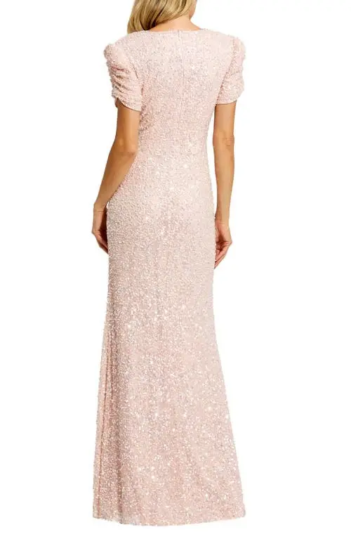 Mac Duggal Embellished Mesh High Neck Puff Sleeve Gown - Blush