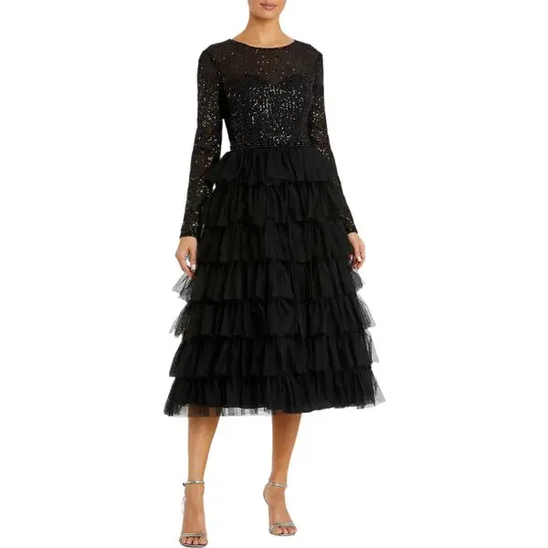 Mac Duggal Sequined Layered Tulle A-line Dress