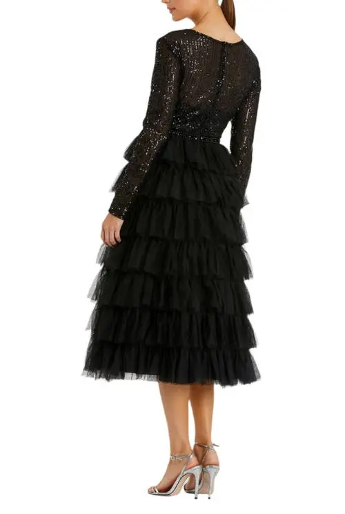 Mac Duggal Sequined Layered Tulle A-line Dress