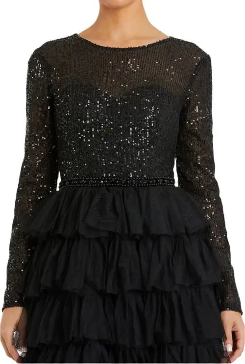 Mac Duggal Sequined Layered Tulle A-line Dress