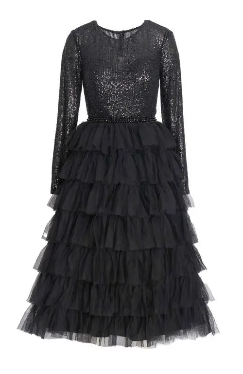 Mac Duggal Sequined Layered Tulle A-line Dress
