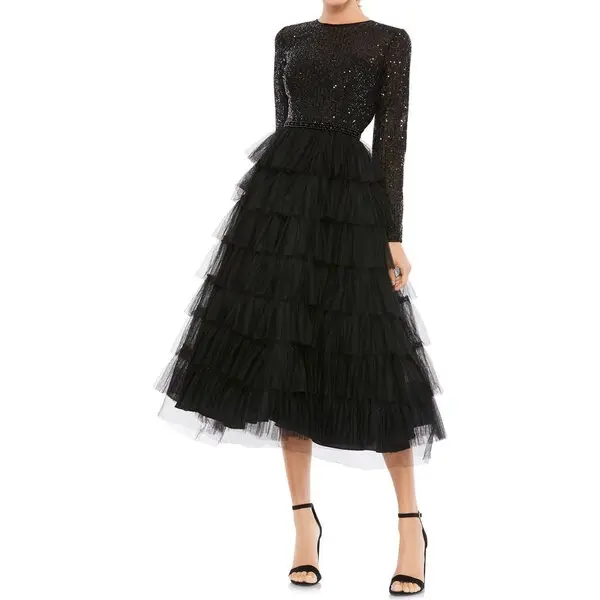Mac Duggal Sequined Layered Tulle A-line Dress