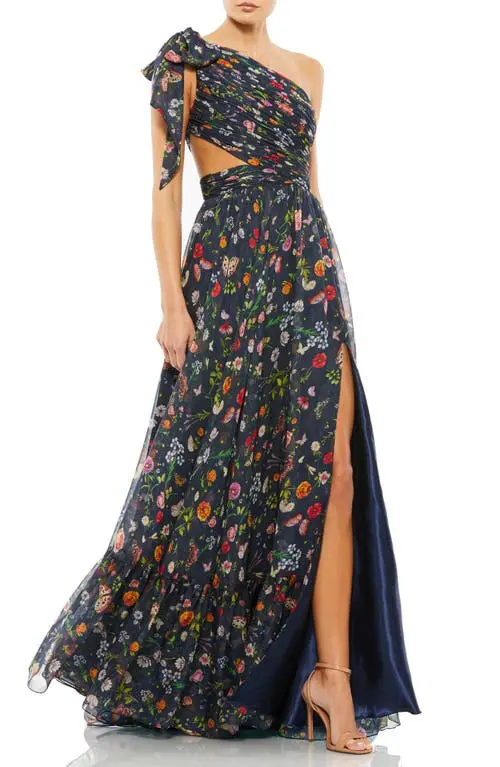 Mac Duggal One-shoulder Floral Chiffon Gown - Navy Multi